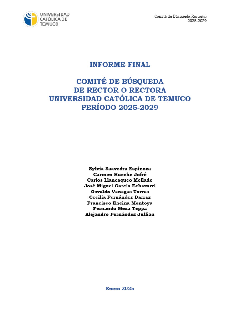 Informe Final CB Rector (A) UC Temuco 2025-2029 Comunidad | PDF | Sustentabilidad | Enseñando