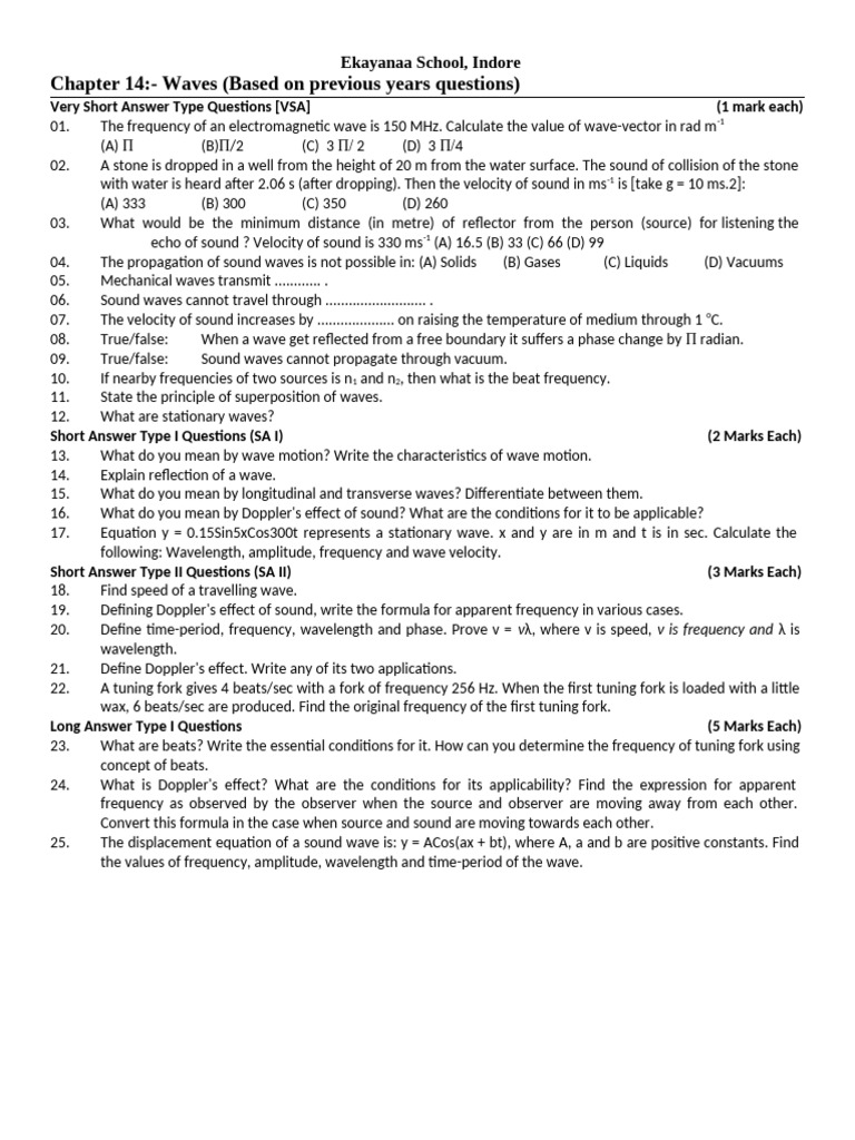 Work Sheet Chapter 14 Class 11th Physics | PDF | Waves | Frequency