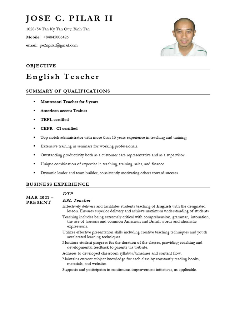 Experienced English Teacher Resume | PDF | Reading Comprehension | Learning
