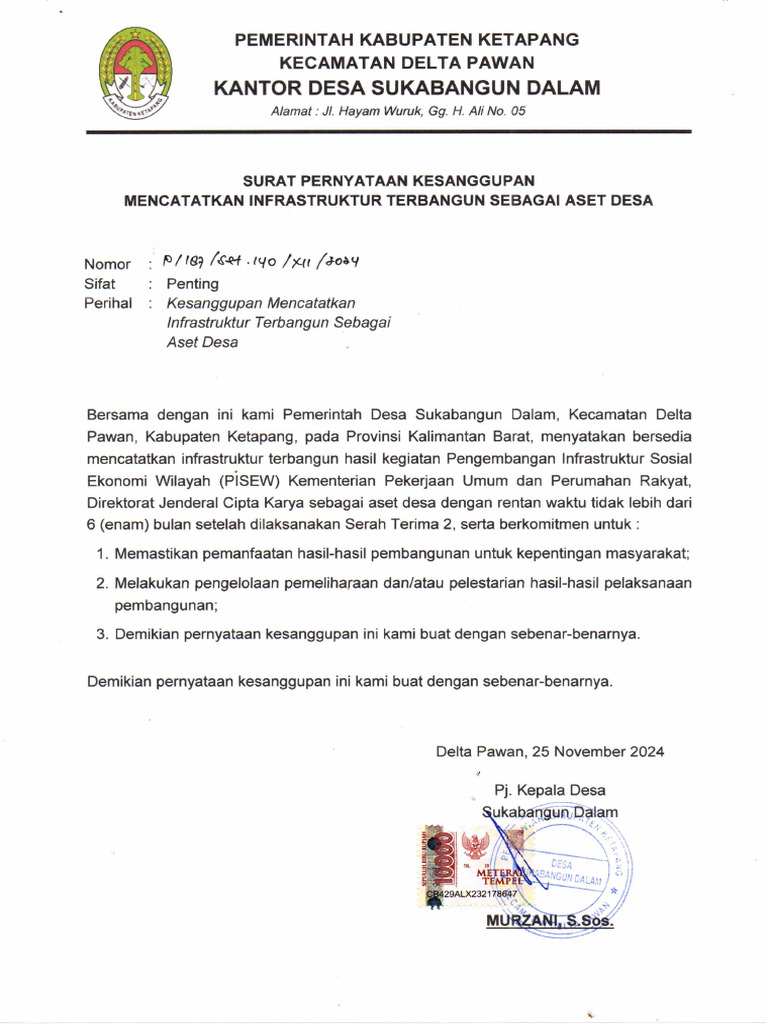 Surat Kesanggupan Mencatatkan Ifras. Terbangun SBG Aset Desa SKBD 2024 ...