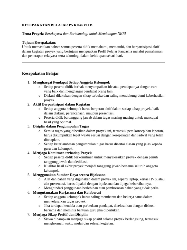 Kesepakatan Belajar P5 Kelas Vii B Pdf