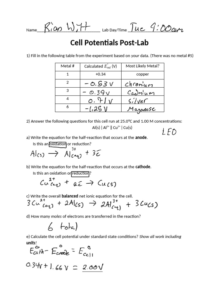 Cell Potentials Worksheet - Tagged | PDF | Redox | Electrochemistry
