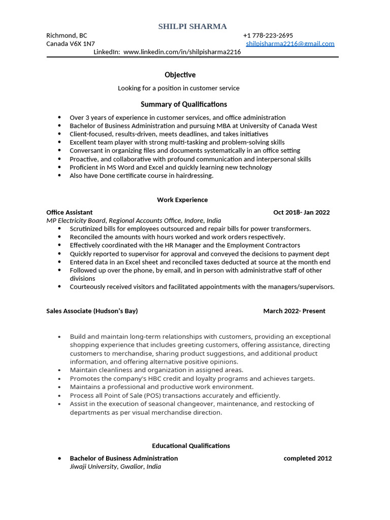 Customer Service Resume: Shilpi Sharma | PDF | Business