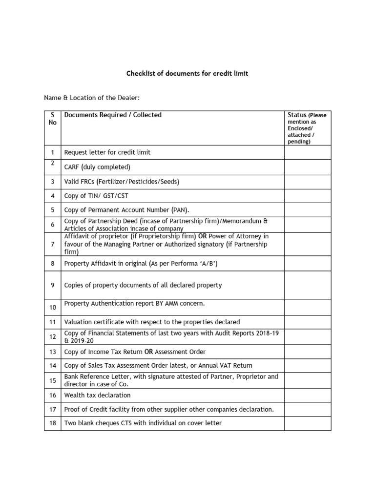 Credit Limit Document Checklist | PDF