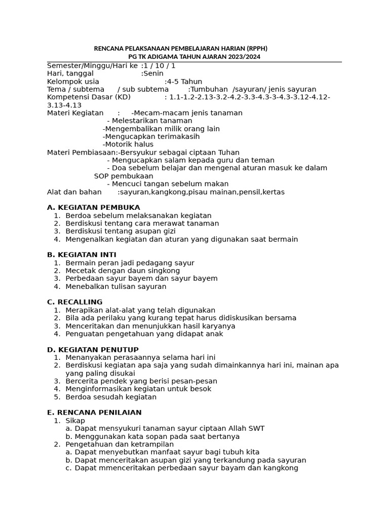 RPPH Tumbuhan dan Sayuran TK Adigama | PDF
