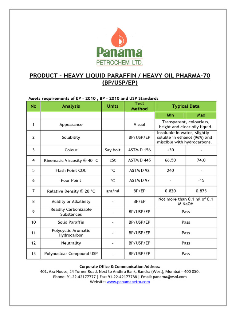 Heavy Liquid Paraffin Pharma-70 Specs | PDF | Solubility | Alkane