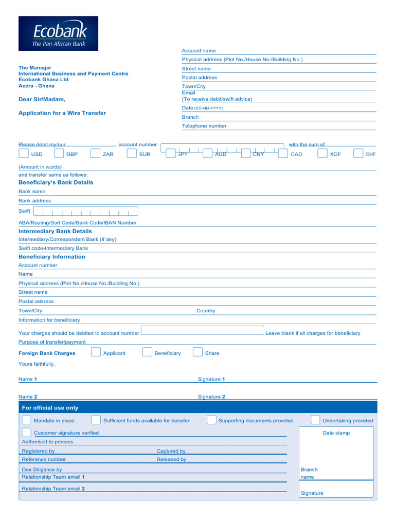 Ecobank Wire Transfer Application Form | PDF | Dividend | Banks