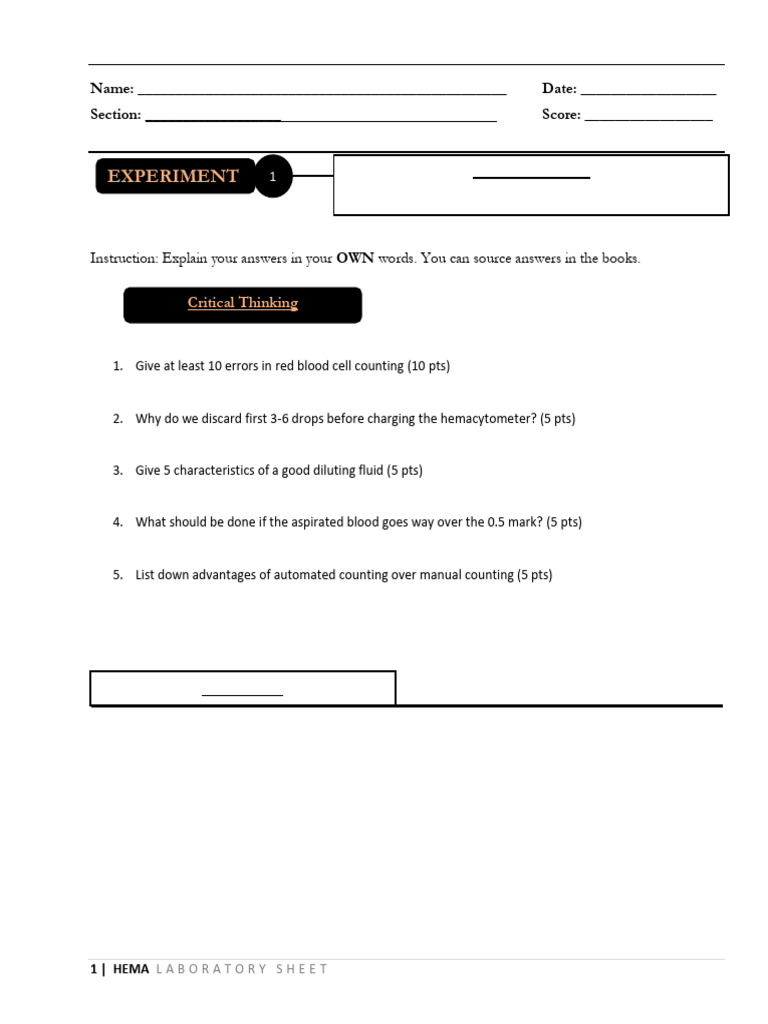 RBC Counting Laboratory Sheet | PDF