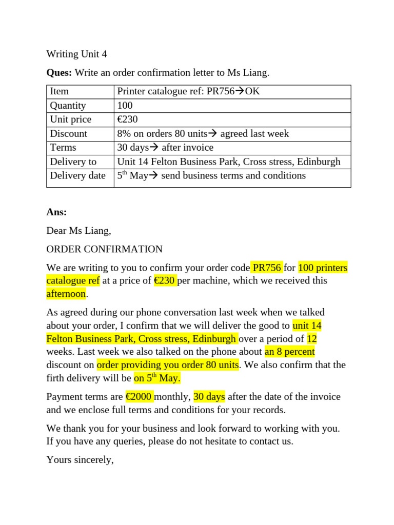 Order Confirmation Letters for Printers and Laptops | PDF