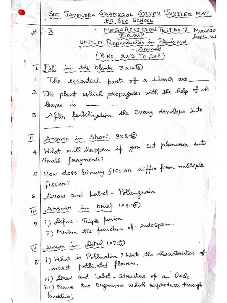 X Biology Mega Revision Test 7 | PDF