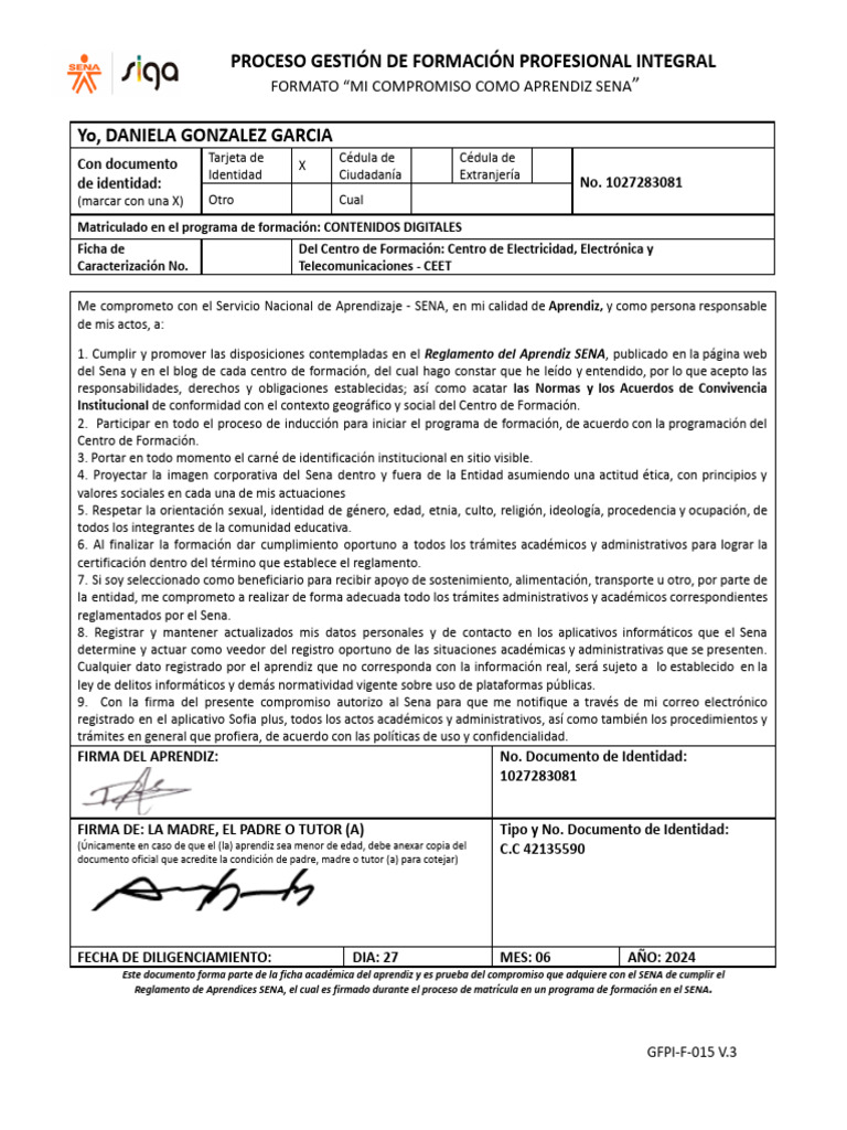 GFPI-F-015 Formato Compromiso Del Aprendiz V2 | PDF