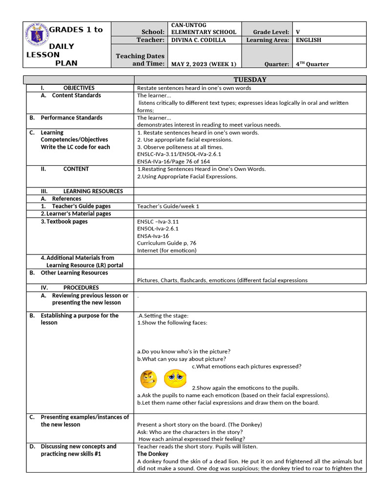 Grade 5 DLL English 5 Q4 Week 1-D2 | PDF | Teachers | Learning