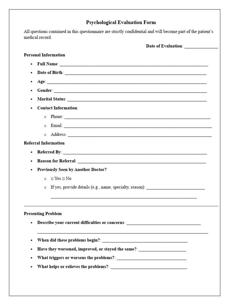 Psychological Evaluation Form PDF | PDF | Psychiatry | Mental Disorder