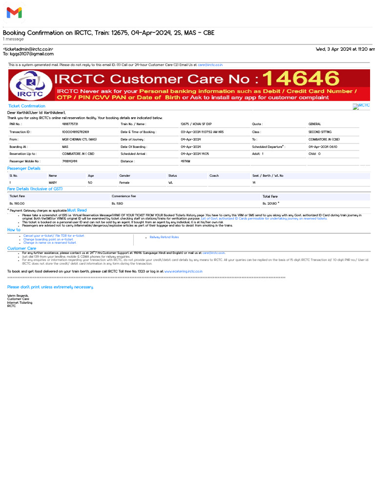 Train - 12675, 04-Apr-2024, 2S, MAS - CBE | PDF | Service Industries