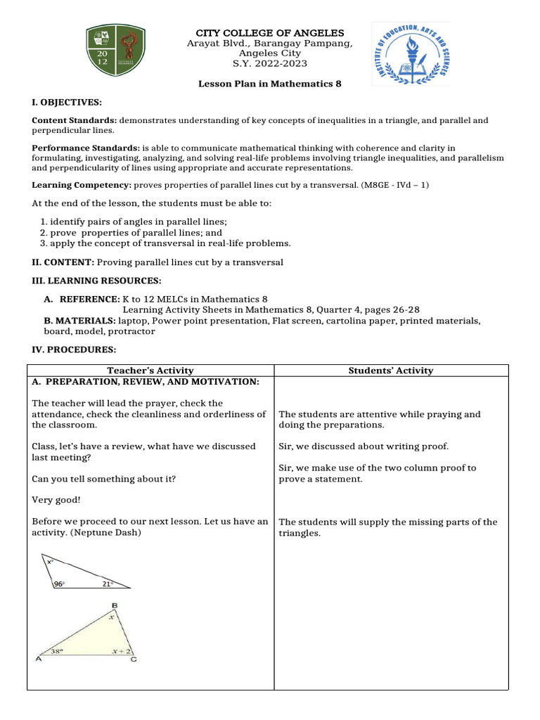 Detailed-Lesson-Plan-in-Math8-Quarter4-Week4 | PDF | Triangle | Angle