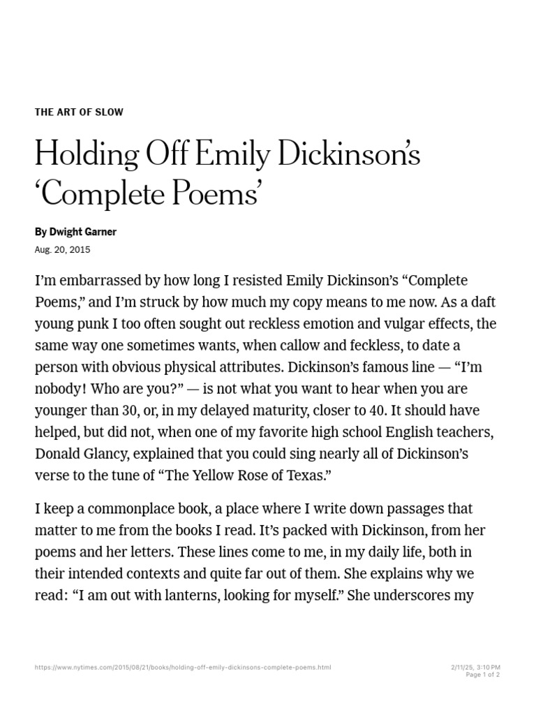 Holding Off Emily Dickinson's Complete Poems' - The New York Times | PDF