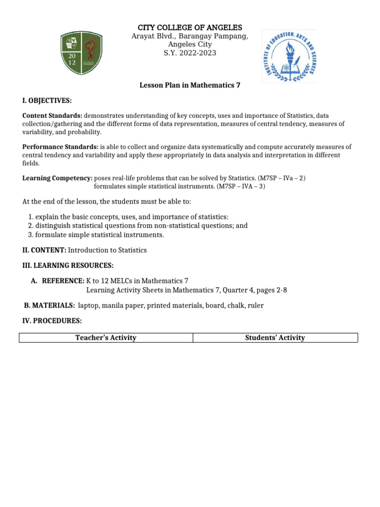 Detailed-Lesson-Plan-in-Math7-4th Quarter-Week1 (A and B) | PDF | Statistics | Question
