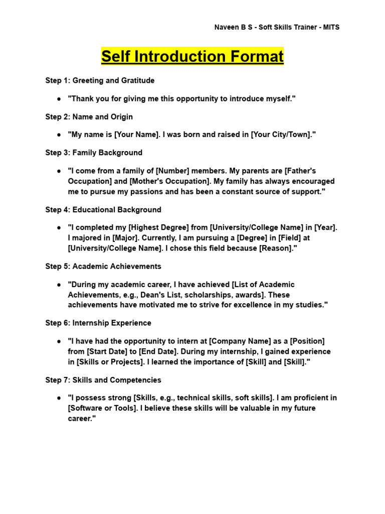 Self Introduction Format-3 | PDF | Skill | Goal