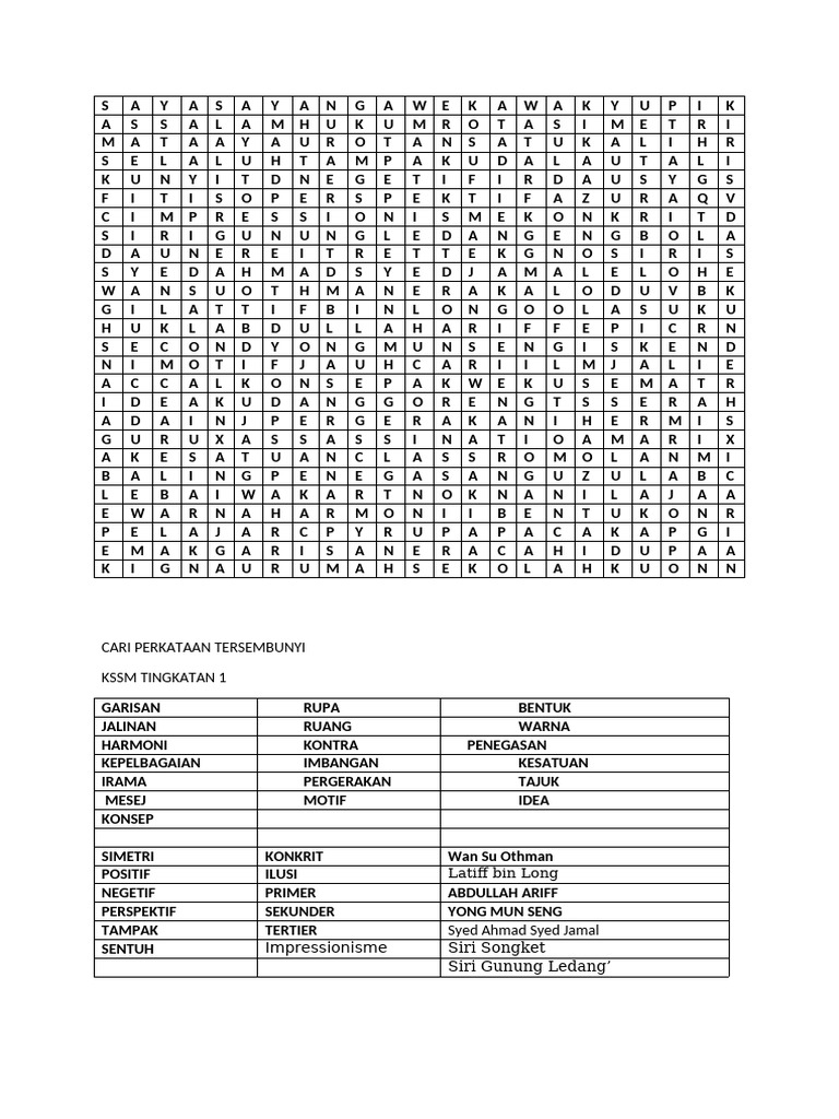 KSSM Cari Silang Kata Tajuk Pembelajaran | PDF