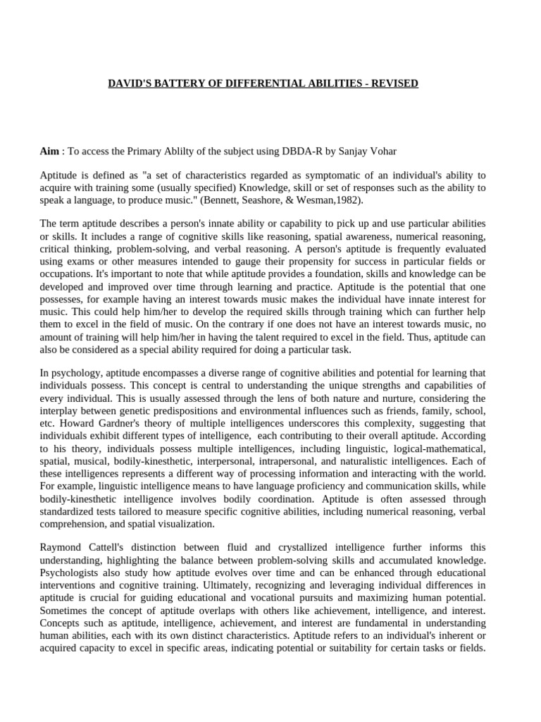 David's Battery of Differential Abilities - Revised | PDF | Wechsler ...