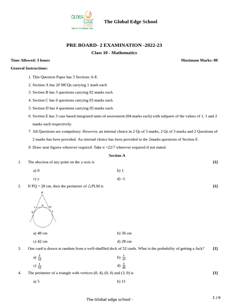Pre Board 2 - Examination 2022-23 | PDF | Sphere | Euclidean Geometry