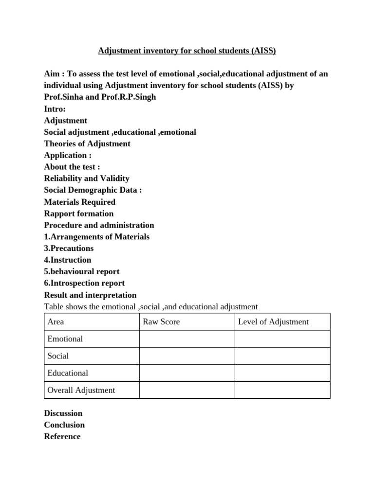 Adjustment inventory for school students (AISS) | PDF
