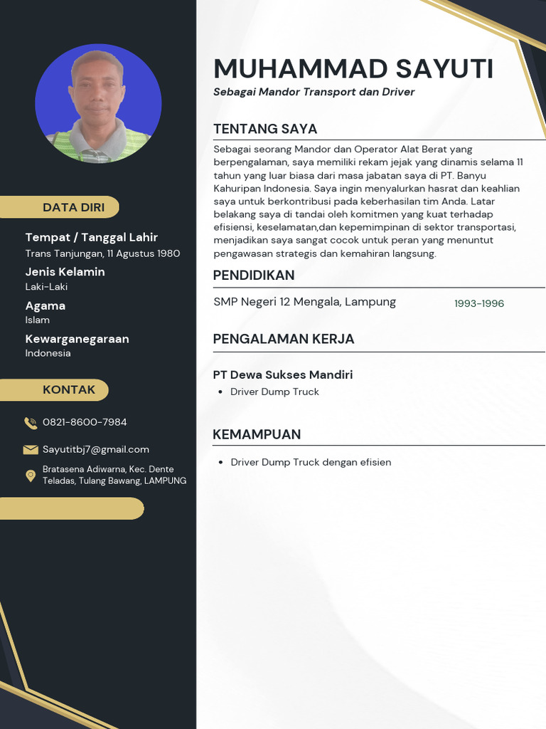 CV Resume Riwayat Hidup Driver Dump Truck | PDF