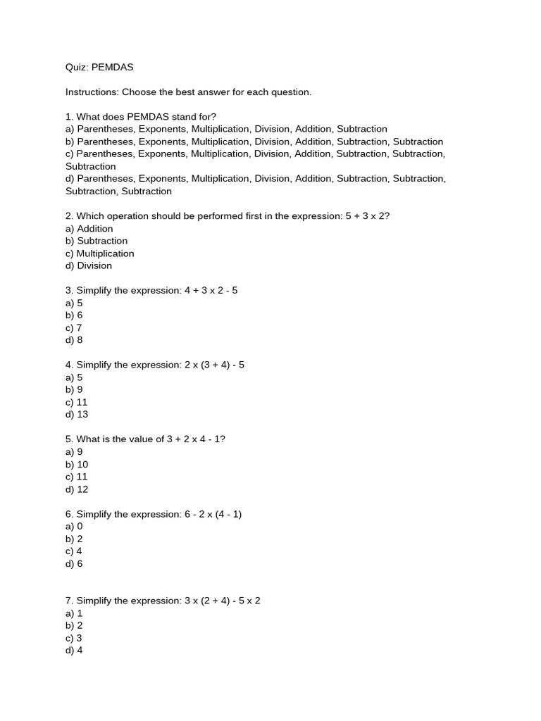 Quiz PEMDAS | PDF