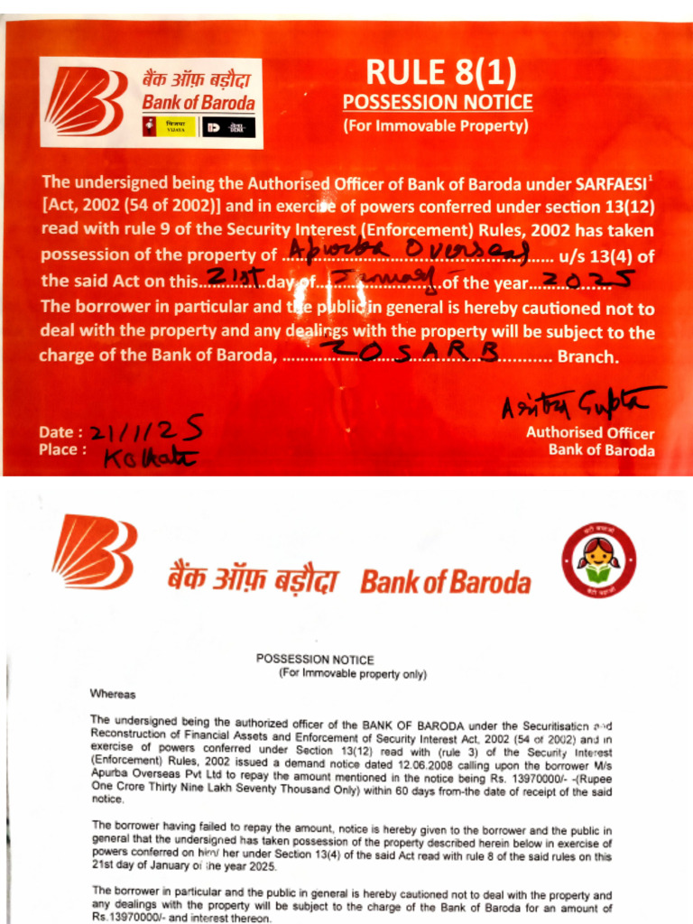 Possession Notice Dated 21-01-2025 - Bank of Baroda - Apurba Overseas ...