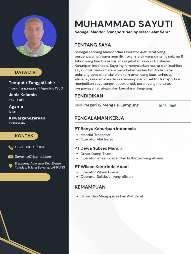 CV Resume Riwayat Hidup Operator Alat Berat | PDF
