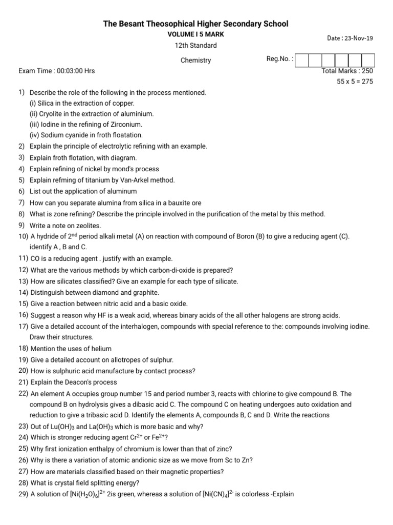12th Chemistry Volume 1 5 Mark Question Paper English Medium PDF ...