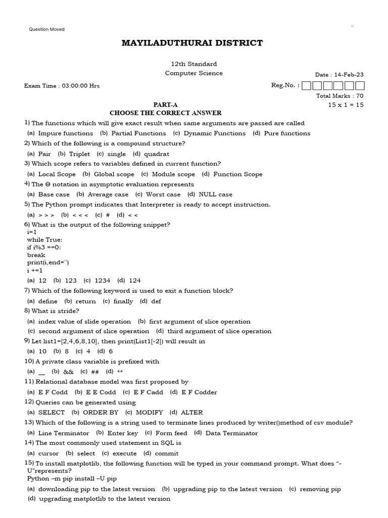 12th Computer Science EM 2nd Revision Exam 2023 Original Question Paper Mayiladuthurai District ...