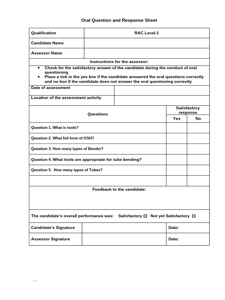 Oral Assessment Response Sheet Template | PDF