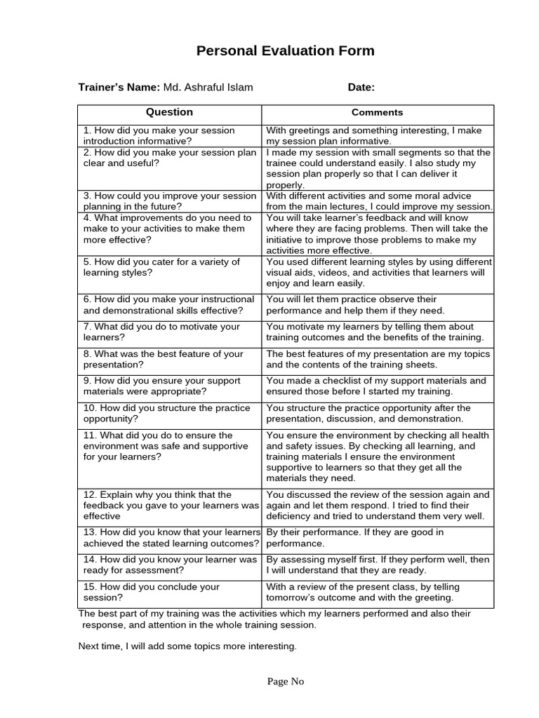 8_Ashraf_ Personal Evaluation Form | PDF | Learning | Learning Styles