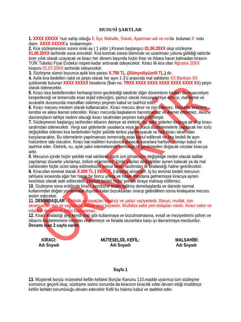 Kira Kontrati Hususi Sartlar Ornek | PDF