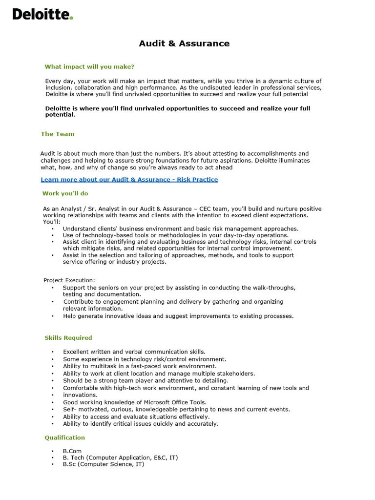 JD - Audit & Assurance-Sr Analyst | PDF | Risk | Audit