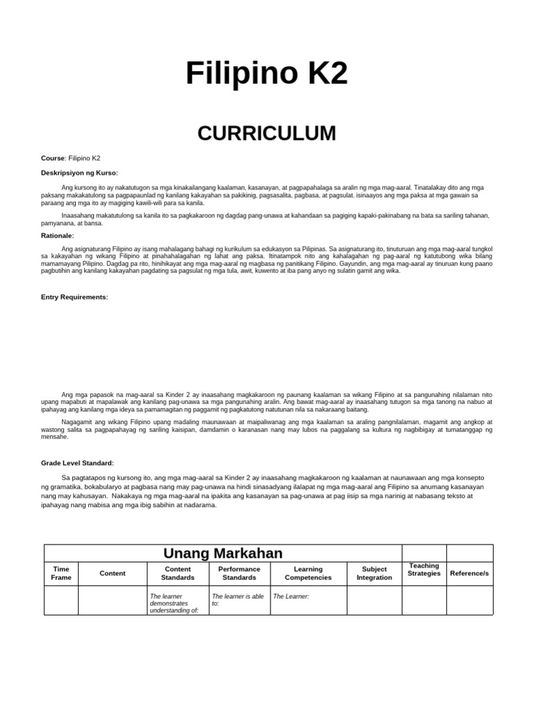 K2 Filipino Curriculum | PDF