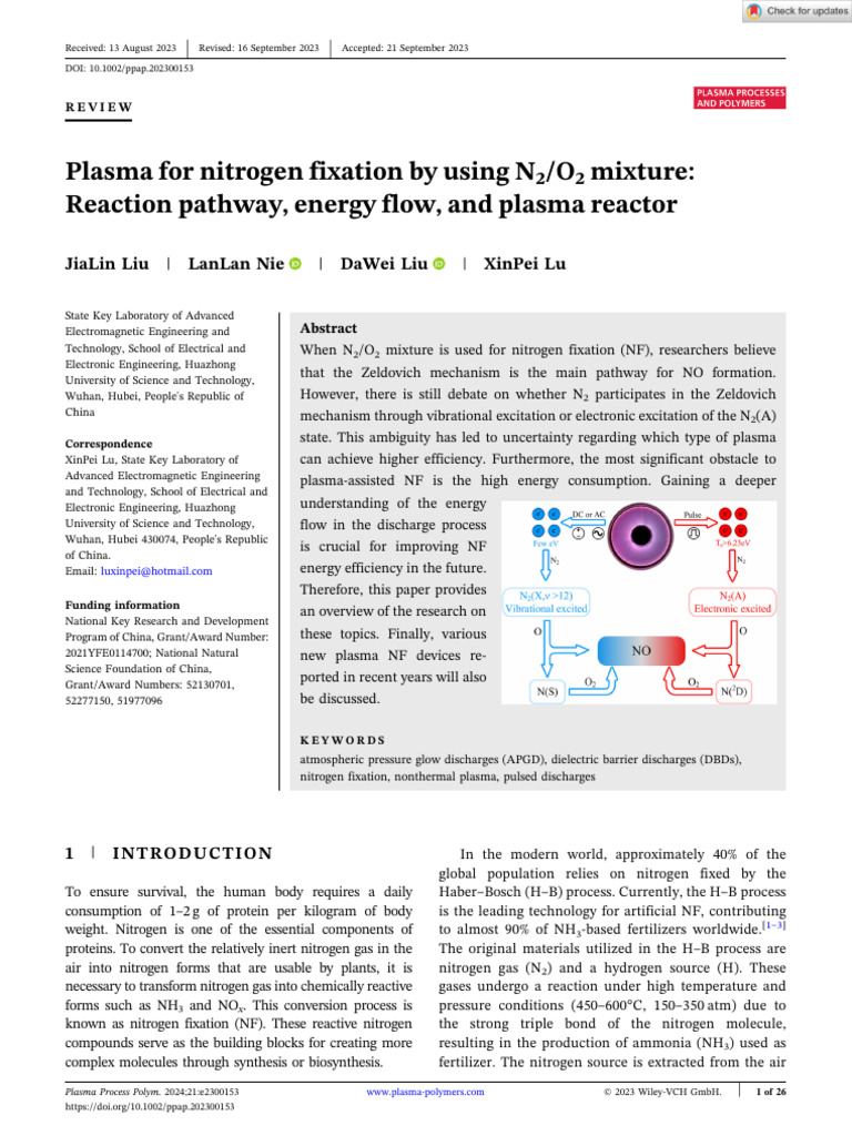Plasma Processes Polymers - 2023 - Liu - Plasma For Nitrogen Fixation by Using N2 O2 Mixture ...