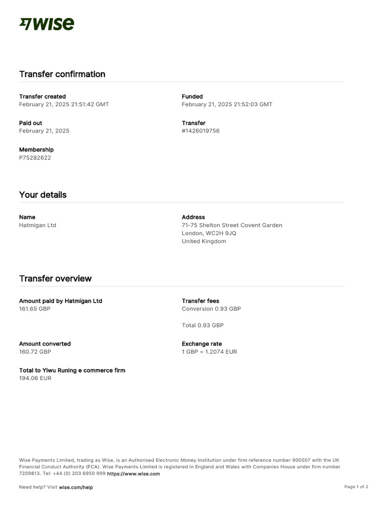Wise Transaction Invoice Transfer 1426019756 4881177071 TR | PDF | Wire ...