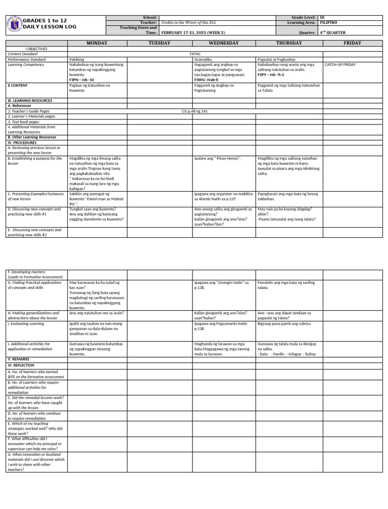 DLL Filipino 3 q4 w2 | PDF