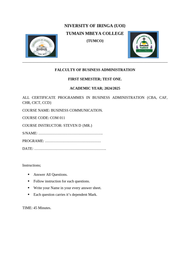 Business Communication Test | PDF