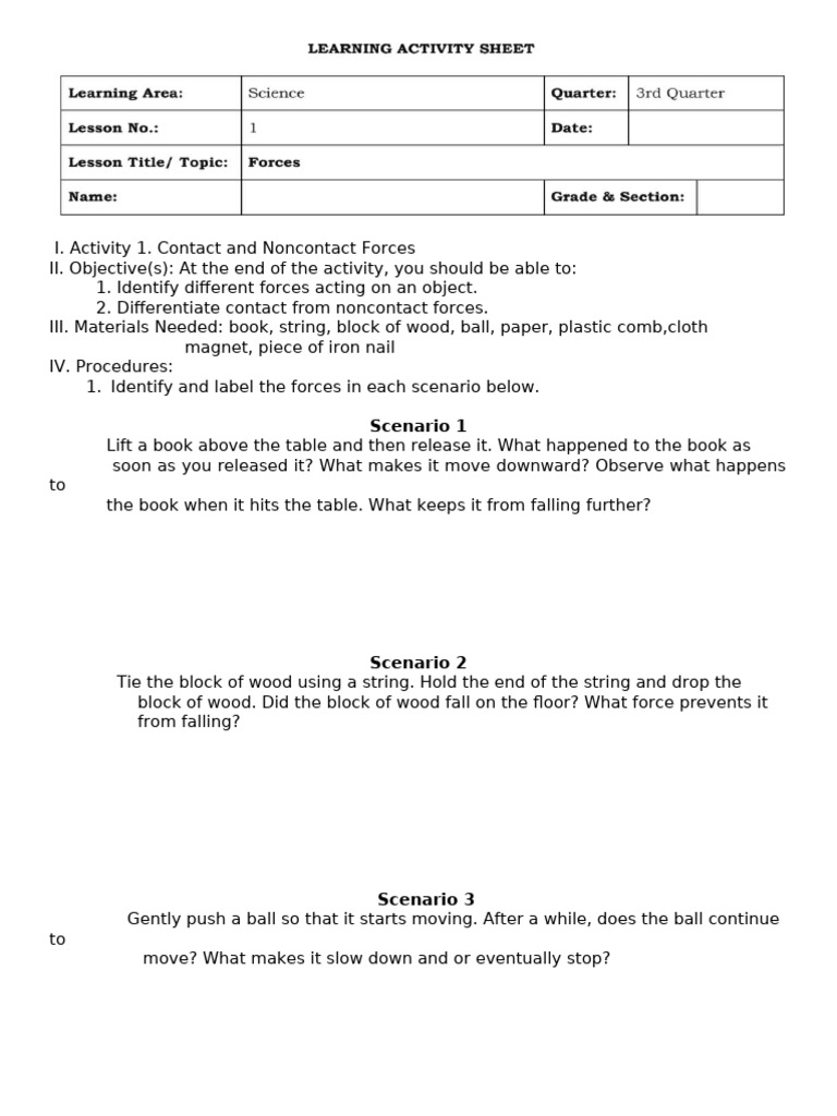 Contact vs Noncontact Forces Activity | PDF
