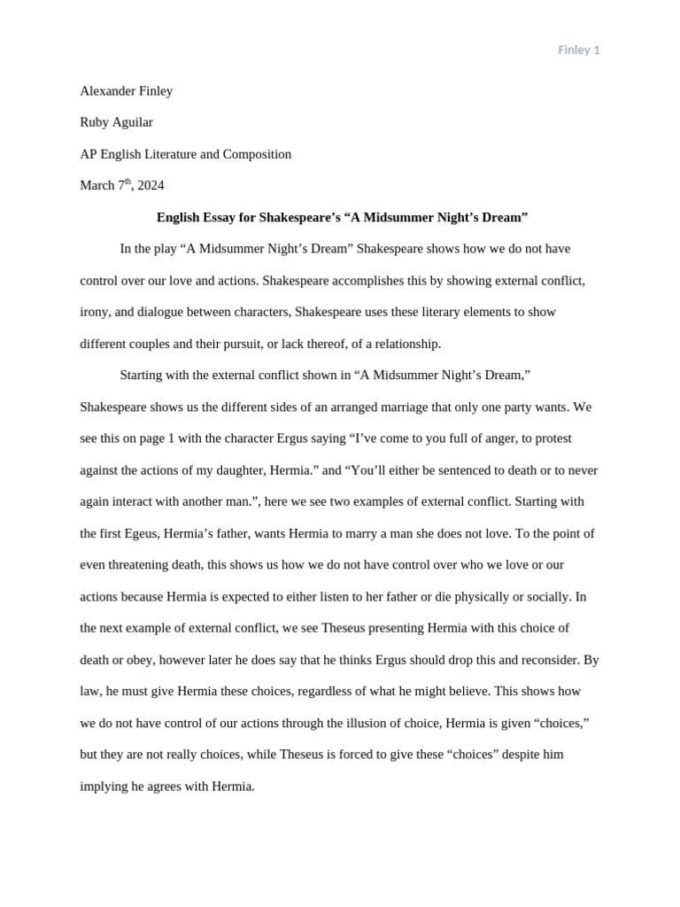 Alex Finley AMSND Final Essay With Feedback | PDF | A Midsummer Night's ...