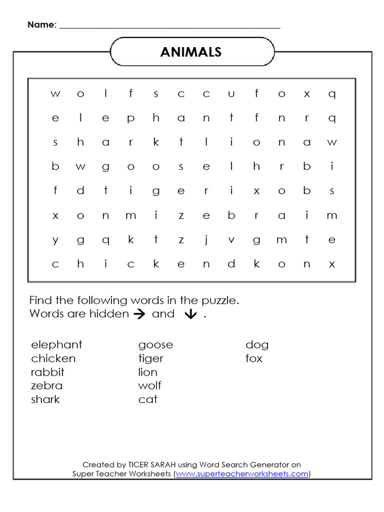 Animal Word Search Puzzle | PDF | Word Search | Word Puzzles