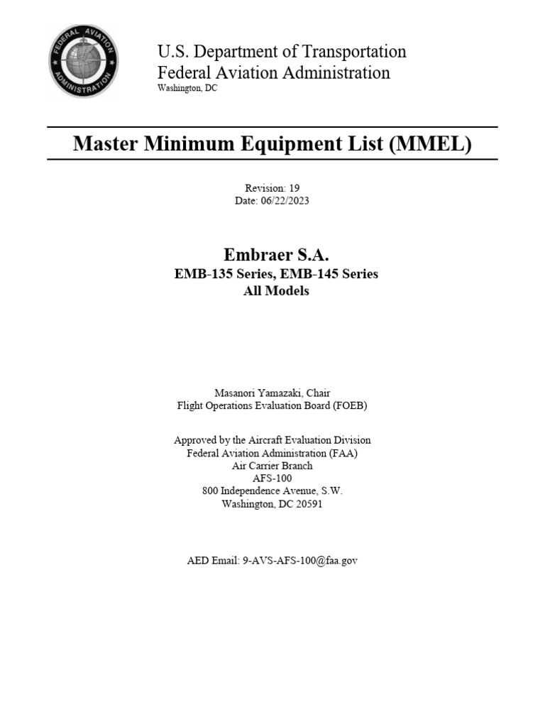MMEL EMB-135-145 - Rev - 19 2023 | PDF | Federal Aviation Administration | Flight Recorder