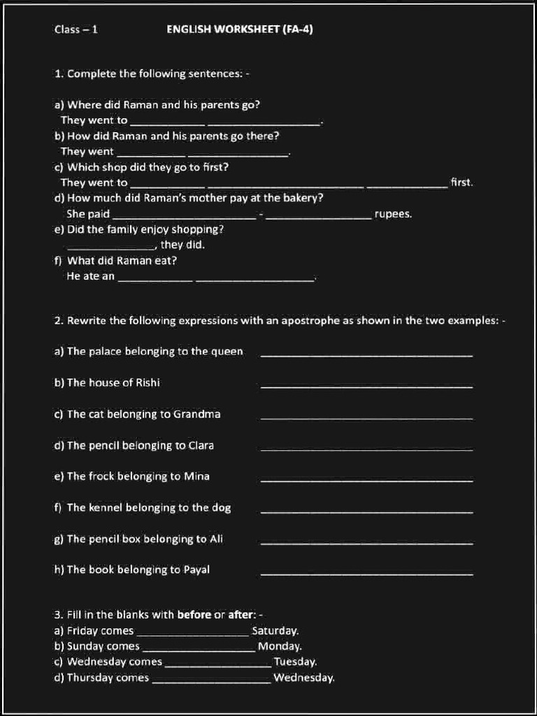 English Worksheet for Class 1 | PDF