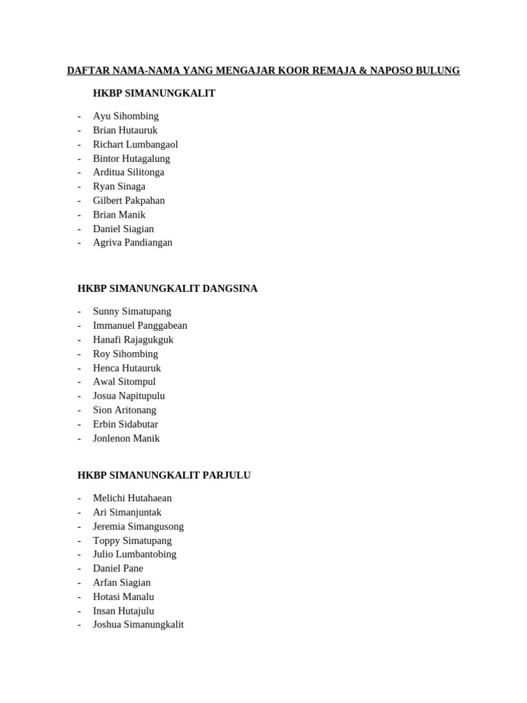 Daftar Nama-Nama Yang Mengajar Koor Remaja & Naposo Bulung (Fixxx) | PDF