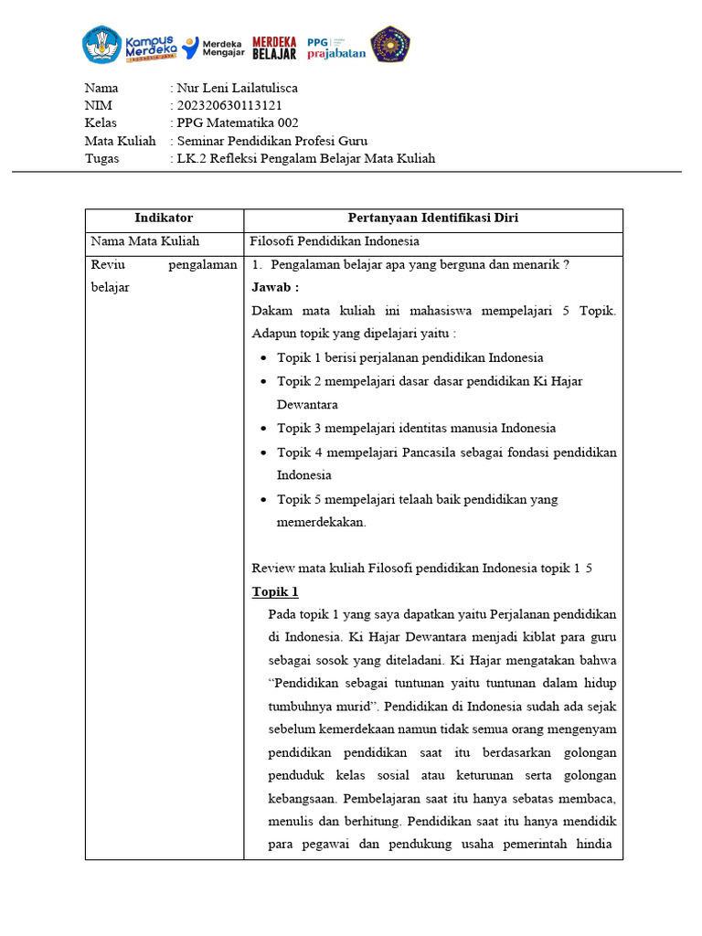 LK 2. Refleksi Pengalaman Belajar - Nur Leni L - ALL | PDF