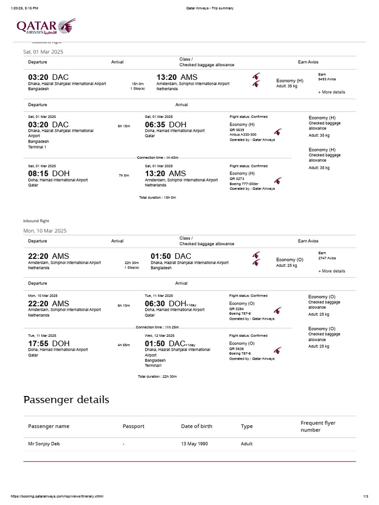 Qatar Airways - Trip Summary - Sonjoy Deb | PDF | International Airport | Airport