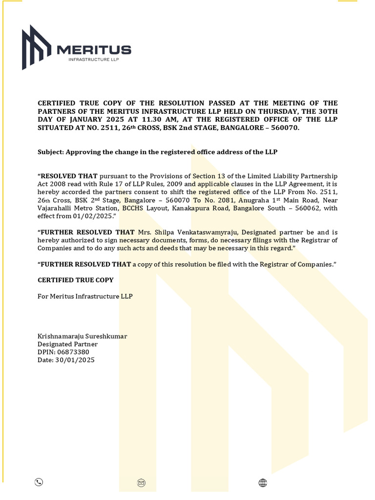 Meritus LLP Office Relocation Resolution | PDF